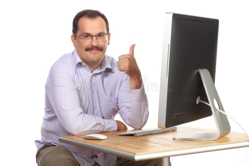 Glad People Sitting at Table in Front of Computer Stock Photo - Image ...