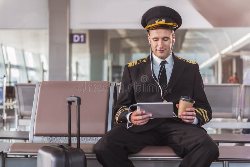Glad Smiling Aviator Waiting for Flight Stock Photo - Image of male ...