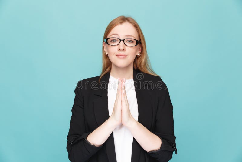 Glad Woman in Asking Pose Isolated. Stock Photo - Image of pleading ...