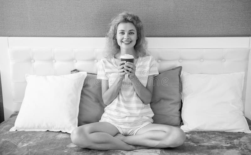 Glad Woman with Morning Coffee in Bed. Good Morning. Woman with Coffee ...