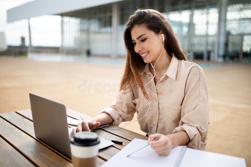Glad Young Asian Lady Student, Teacher with Computer Studying in ...