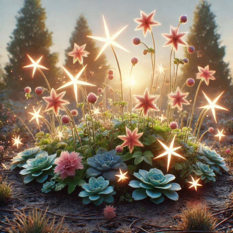 A Glade of Shining Stars among Flowers in the Rays of Dawn. Stock Photo ...