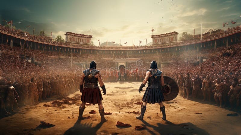 Gladiator Duel in the Coliseum in Front of an Enthusiastic Crowd Stock ...
