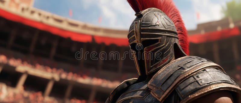 Gladiator Warrior in Detailed Armor with Red Crest in Ancient Arena ...