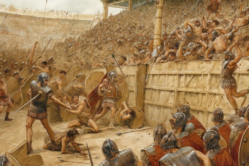 Gladiators Fighting in Ancient Arena, Surrounded by Cheering Crowds ...