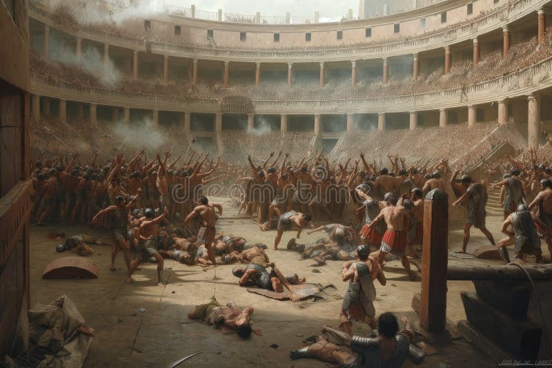 Gladiators Fighting in Ancient Coliseum Surrounded by Cheering Crowd ...