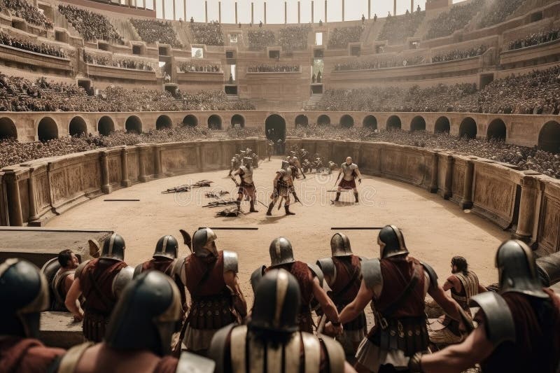 Gladiators Fighting in Ancient Coliseum Surrounded by Cheering Crowd ...