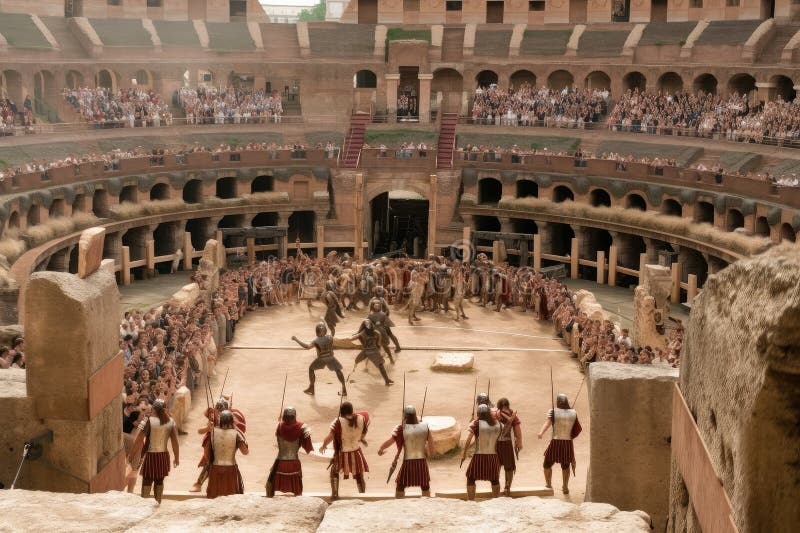 Gladiators Fighting in Ancient Colosseum, with Spectators Cheering Them ...