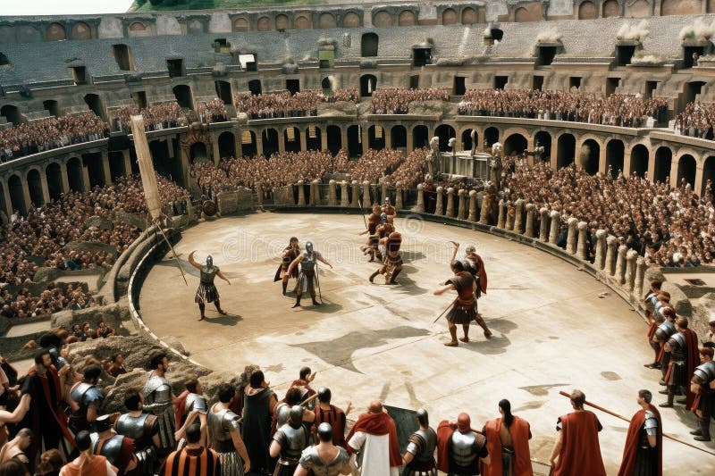 Gladiators Fighting in the Center of Coliseum, Surrounded by Cheering ...