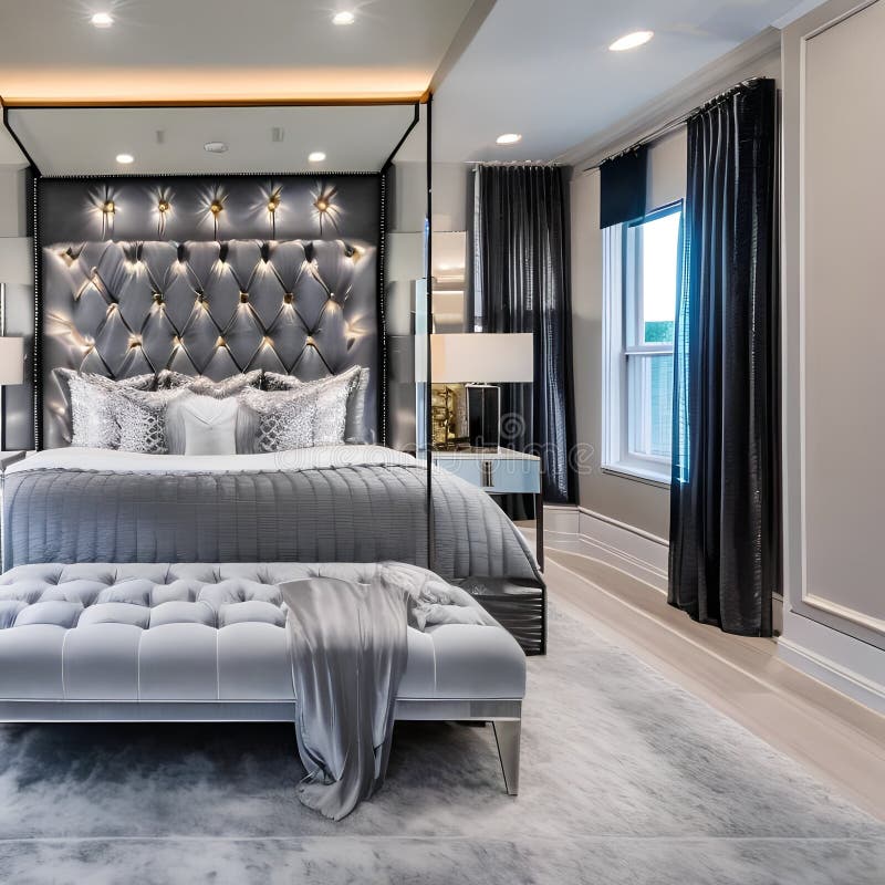 8 a Glam Master Suite with a Tufted Headboard, Mirrored Nightstands ...