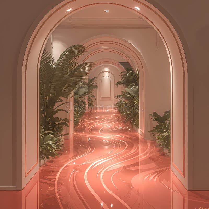 Glamorous Arched Passageway with Ruby Red Floors and Palm Trees Stock ...