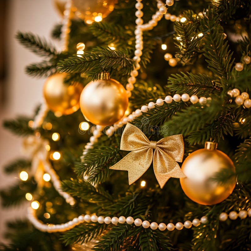 Glamorous Christmas Tree with Pearls and Gold Bows Stock Illustration ...