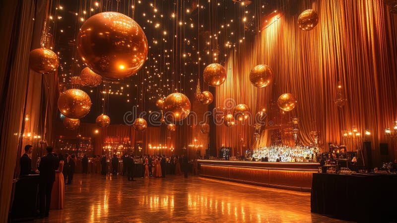 A Glamorous Event Space Adorned with Golden Decorations and Ambient ...