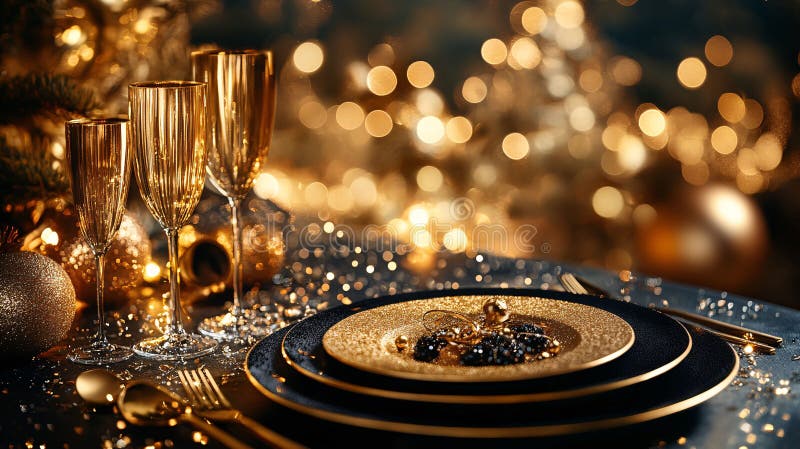 Glamorous Gold Holiday Table with Sparkling Decorations Stock Photo ...
