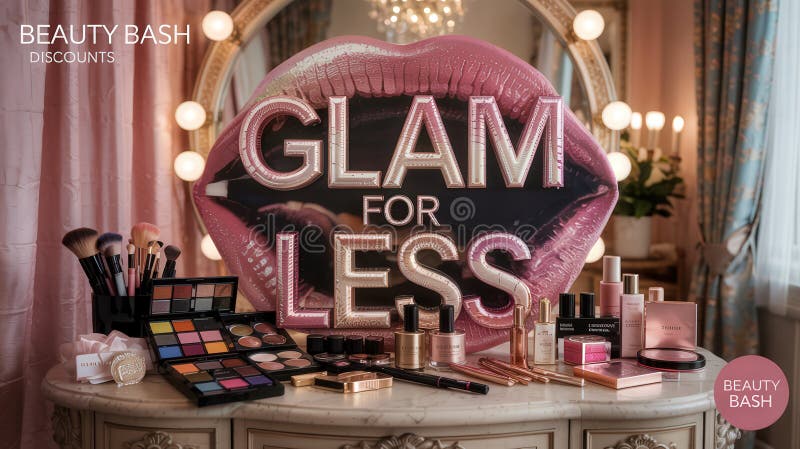 Glamorous Makeup Display with Text GLAM for less and BEAUTY BASH ...