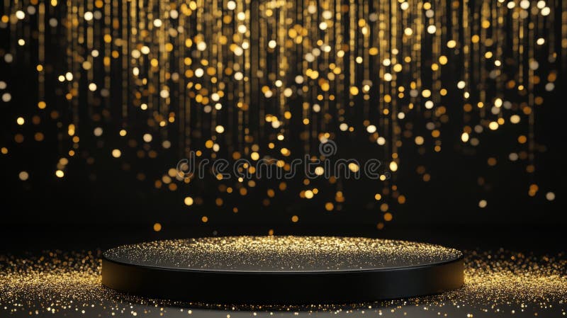 A Glamorous Stage Setup with Golden Glittering Lights and a Circular ...