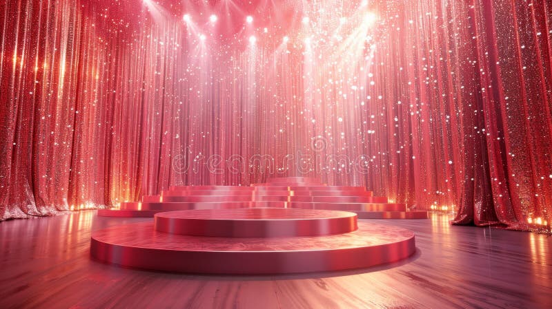 A Glamorous Stage Setup with Red Curtains, Spotlights, and a Tiered ...