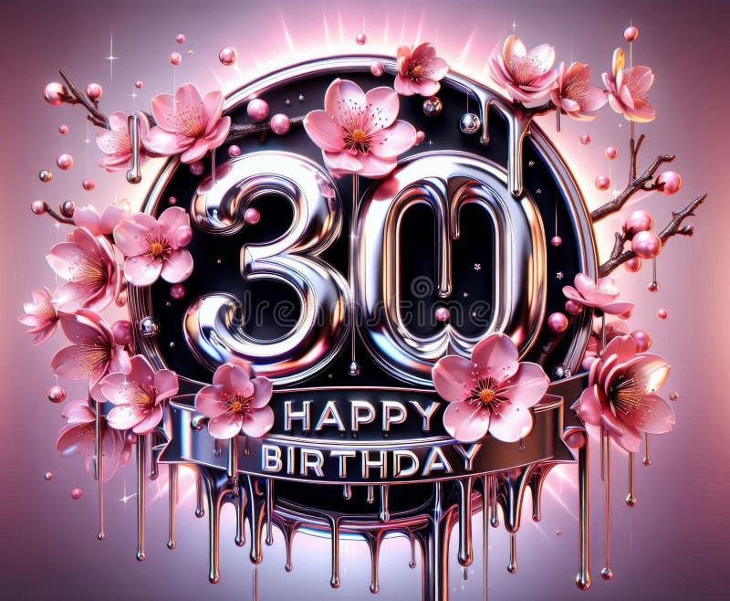 Glamorous 30th Birthday Design with Metallic Numbers, Cherry Blossoms ...