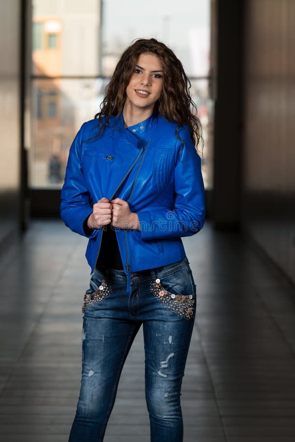 Glamour Fashion Model Wearing Blue Leather Jacket Stock Photo - Image ...