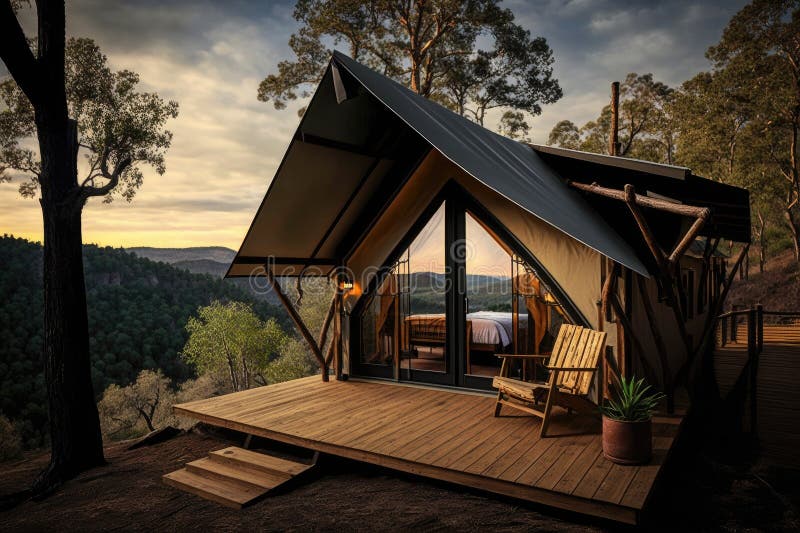 Glamping Cabin with a View of a Rolling Hillside and Towering Trees ...