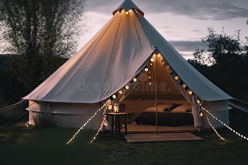 Glamping. Illuminated Bell Tent at Night. Glamping at Night, Glowing ...
