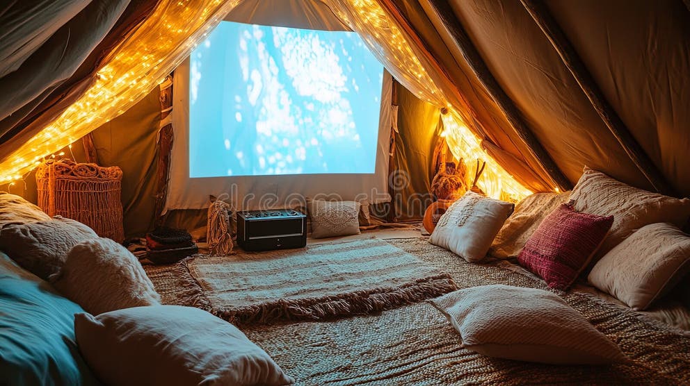 Glamping Projector Setup Inside Rooftop Tent, Pillows and Soft Light ...