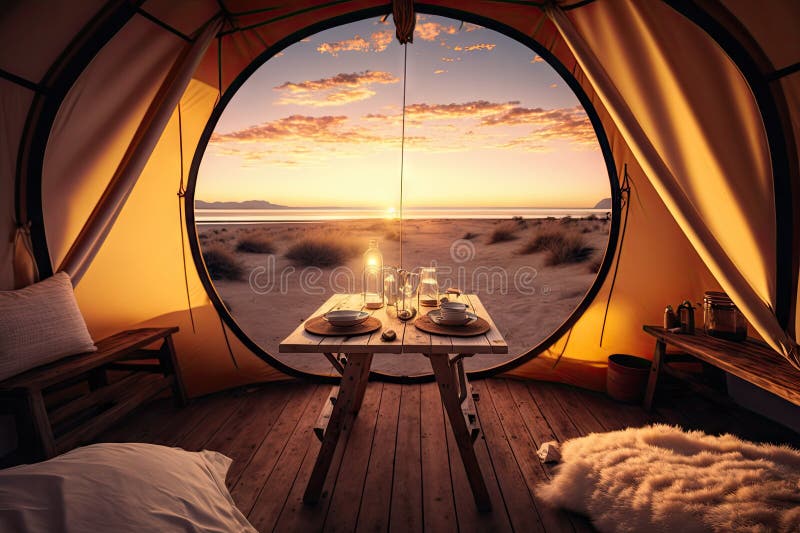 Glamping Setup with a View of the Sunset Over the Ocean Stock ...