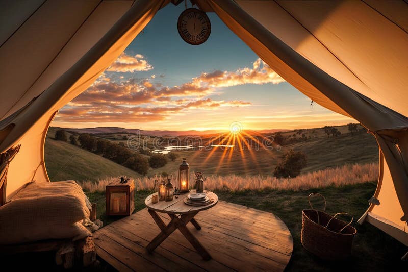 Glamping Setup with a View of the Sunset Over Rolling Hills Stock ...
