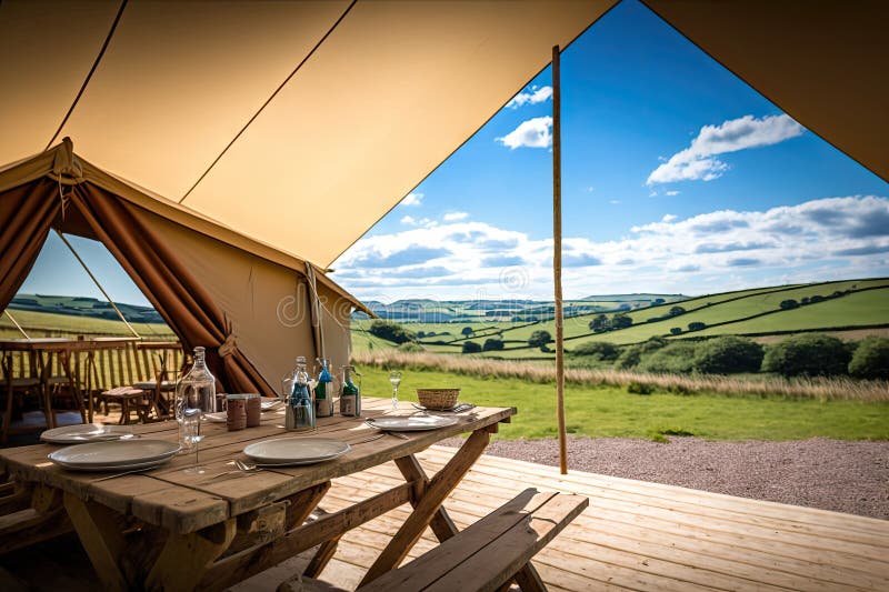 Glamping Site, with View of Rolling Hills and Clear Blue Sky Stock ...