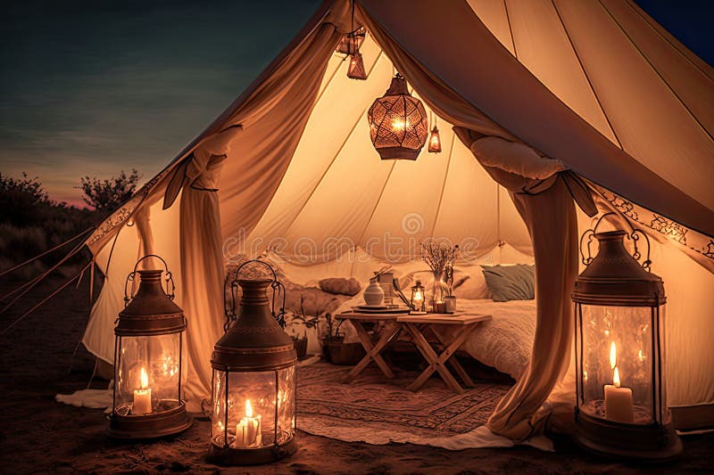 Glamping Tent with Lanterns and Candles for a Romantic Atmosphere Stock ...
