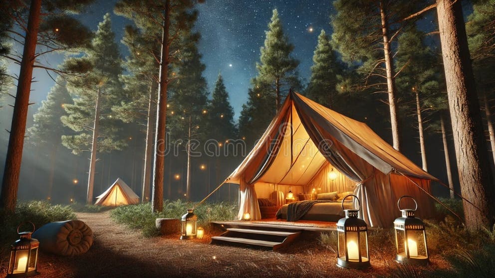 A Glamping Tent in a Pine Forest at Night, with a Warm, Lantern-lit ...