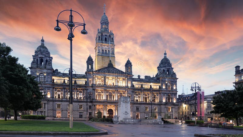 Glasgow City Chambers and George Square at Dramatic Sunset, Scotland ...