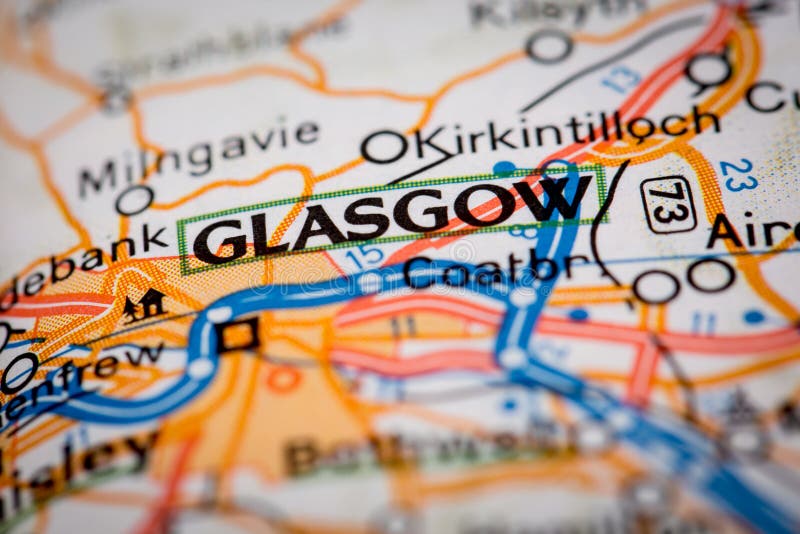 Glasgow City on a Road Map stock image. Image of paper - 74717561
