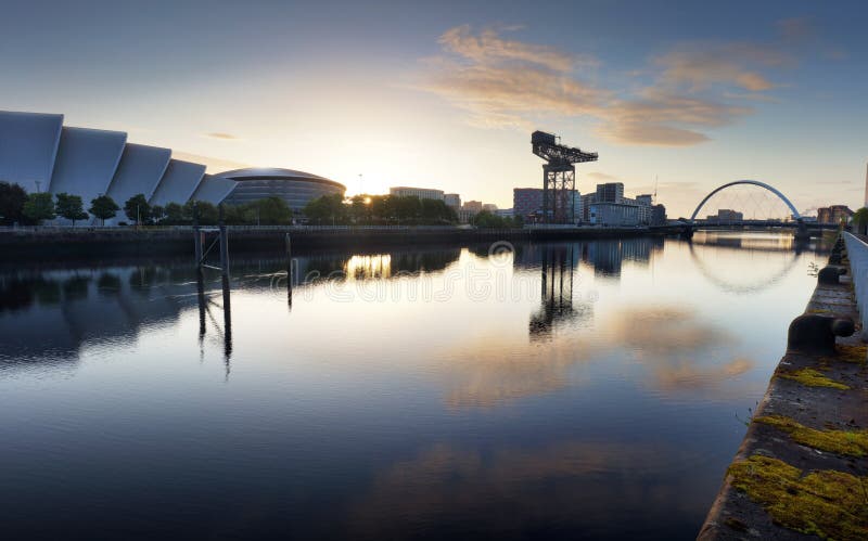 Glasgow Skyline Panorama at Sunrise Over River Clyde, Scotland Stock ...