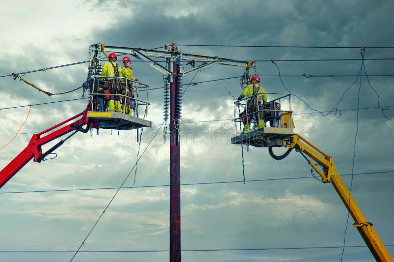 Glasgow, UK, August 14th 2024, Men Working on Overhead Electrical Pylon ...
