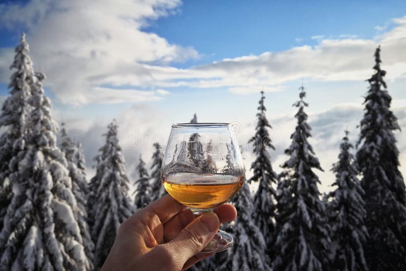 Glass of Alcohol Backed by Some Trees with Snow Stock Photo - Image of ...