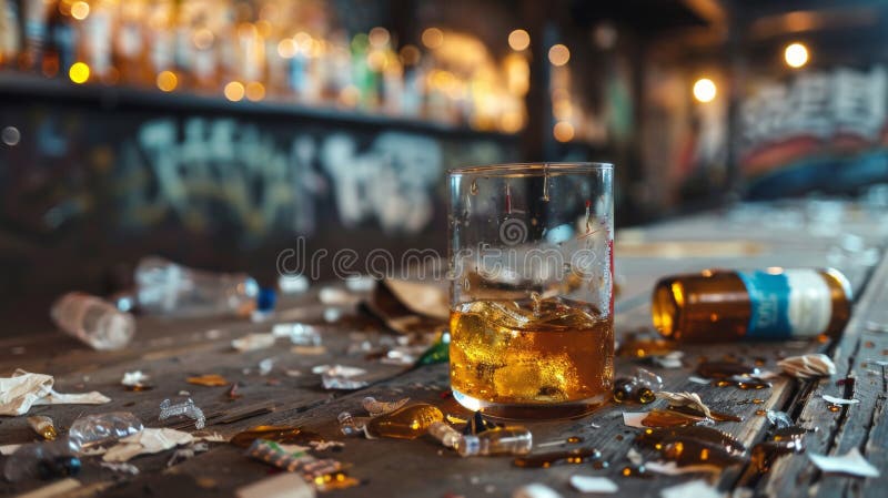 A Glass of Alcohol and Broken Bottles on a Table, AI Stock Image ...