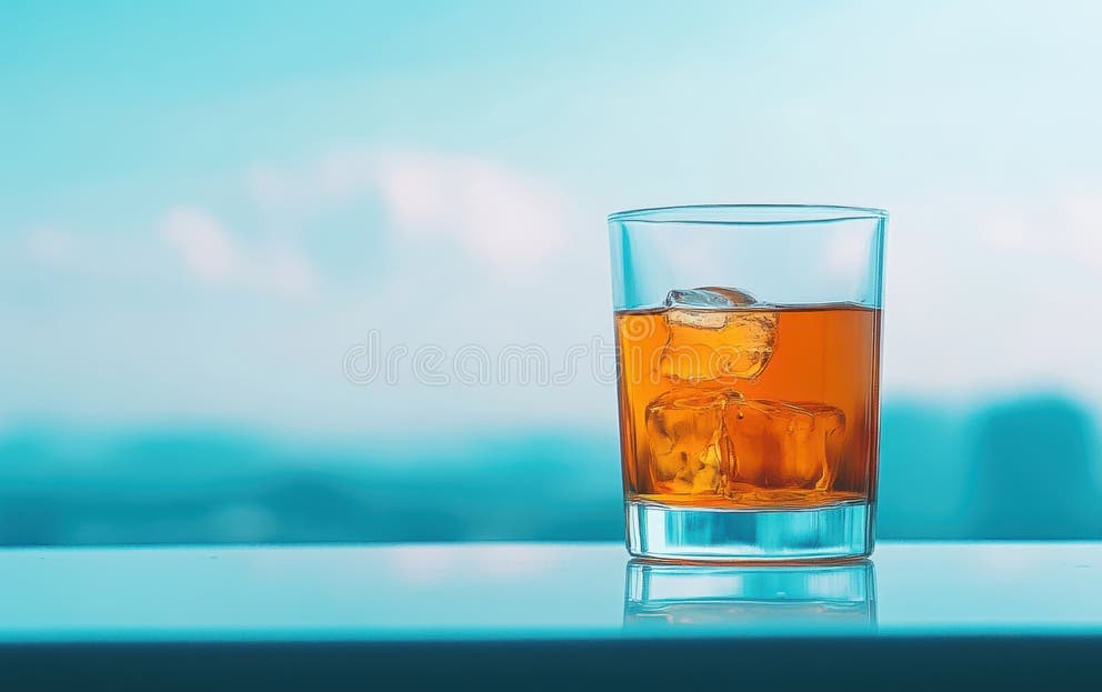 A Glass of Alcohol with Ice Rests on a Table, Inviting and Refreshing ...