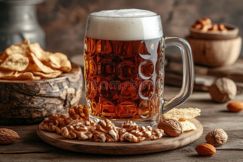 A Glass of Amber Beer beside a Wooden Platter Filled with Assorted ...