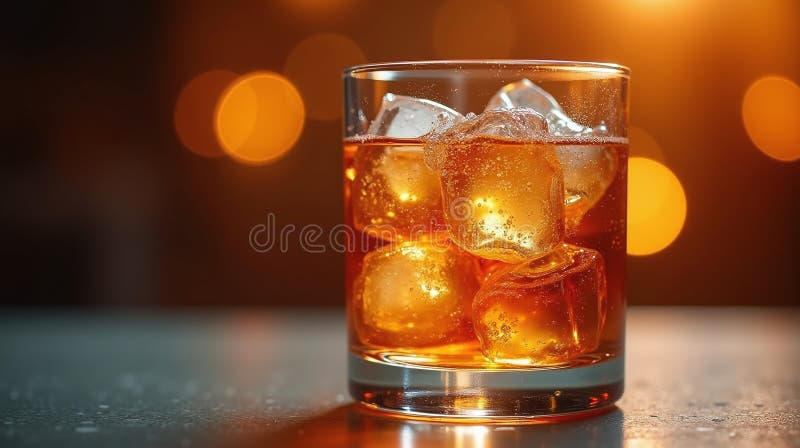 A Glass of Amber Liquid with Ice, Bathed in Warm, Diffused Lighting ...