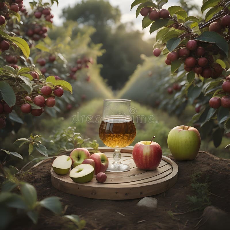Glass of Apple Cider and Fresh Apples on a Wooden Table in an Orchard ...
