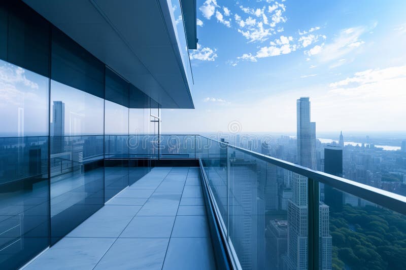 Glass Balcony Railing on a High Apartment with Skyline Views Stock ...