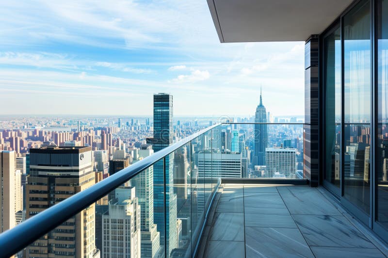 Glass Balcony Railing on a High Apartment with Skyline Views Stock ...
