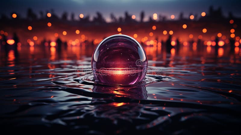 A Glass Ball Floating in Water with Lights in the Background Stock ...