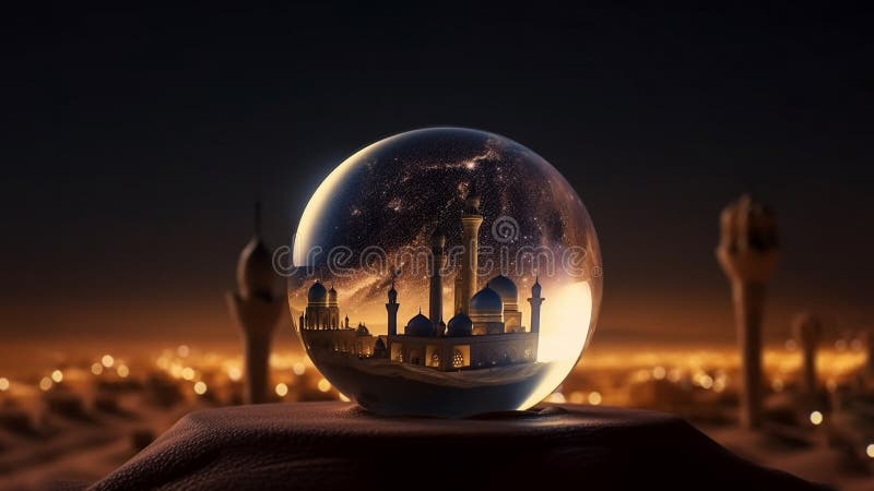 A Glass Ball with a Miniature of Mosque Inside Over the Desert in ...