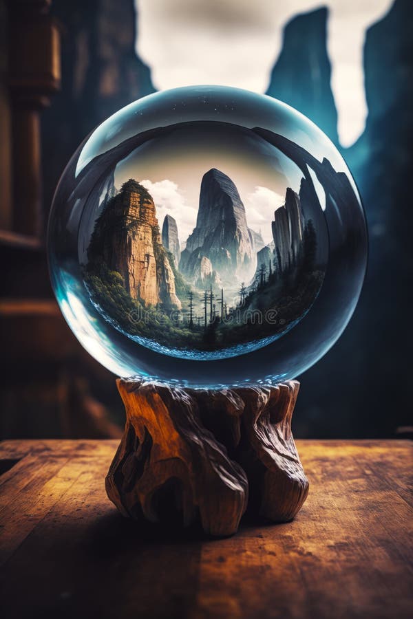 Glass Ball with Mountain Scene Inside of it on Wooden Table. Generative ...