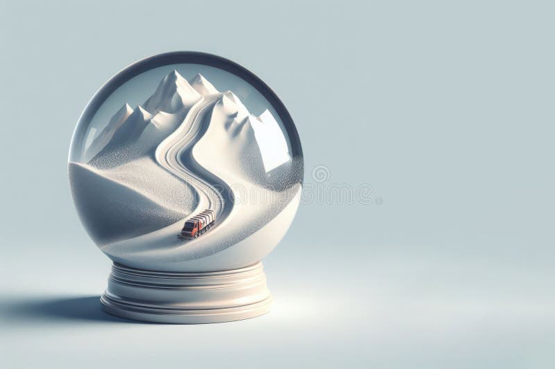 Glass Ball with Mountains Covered with Snow and Snow Clearing Machine ...