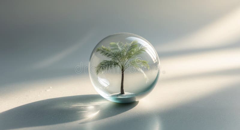Glass Ball with Palm Tree Inside Placed on Surface with Natural Light ...