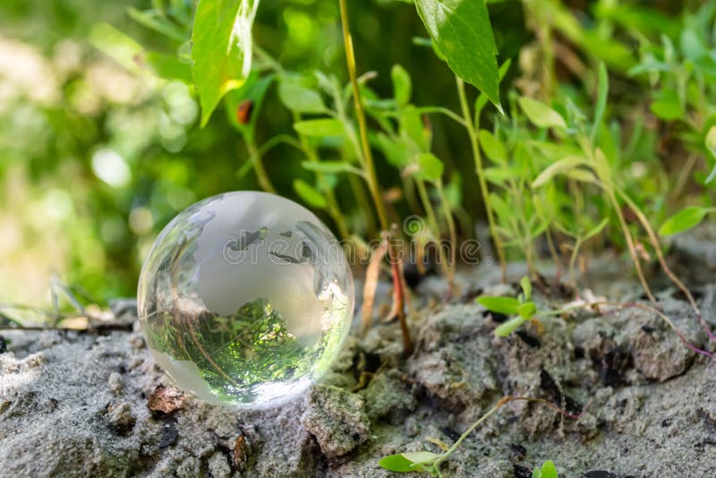 Glass Ball on the Sand in the Green Grass. Environment Concept, Nature ...