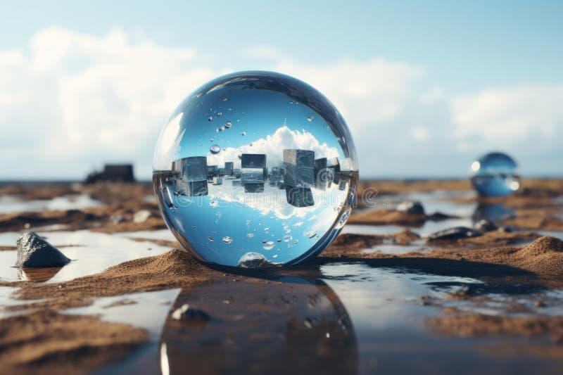 A Glass Ball Sitting on the Ground with a City in the Reflection Stock ...